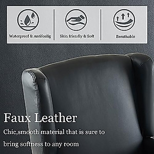 LOVSPATIO Faux Leather Accent Chair, Mid-Century Upholstered Living Room Chairs, Comfy Single Recliner Sofa with Arm and Wood Legs for Bedroom Waiting Room Office - Black