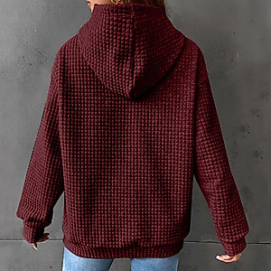 Dlongni Waffle Hoodies for Women Cute Drop Shoulder Knit Oversized Sweatshirt with Pocket Long Sleeve Drawstring Hooded Pullover