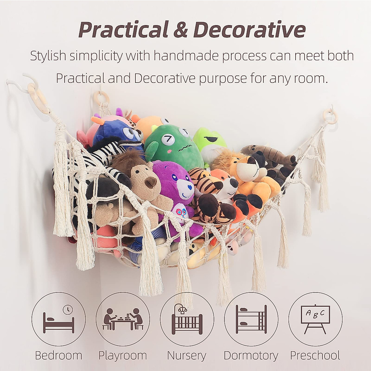 KIDDI MIDY Stuffed Animal Hammock, Macrame Toy Net Storage Hanging Organizer for Kids Bedroom, Playroom, Nursery Room, Corner Plush Toys Net Holder Boho Decor