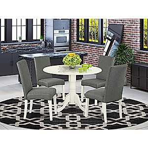 East West Furniture DLDR5-LWH-07 5Pc Round 42" Kitchen Table With Two 9-Inch Drop Leaves And Four Parson Chair White Finish Leg And Linen Fabric-Gray Color, 5