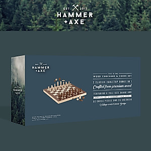 HAMMER + AXE 2-in-1 Checkers & Chess Board Game Set, Premium Quality Wood, Full-Sized Folding Board & Pieces, Portable Travel Activity for Home, Beach, Camping, BBQ, Fun Activity for Kids & Adults