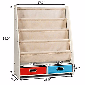 Costzon Kids Bookshelf, Wooden 4 Sling Book Shelves with 2 Pull-Out Toy Storage Boxes, Classroom Display Book Rack Organizer Furniture for Toddlers Kids Room, Nursery, Bedroom (Beige)