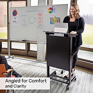 Stand Up Desk Store Mobile Adjustable Height Rolling Lectern Podium with Heavy Duty Steel Frame (Black Frame/Black Shelves, 25.5" Wide)