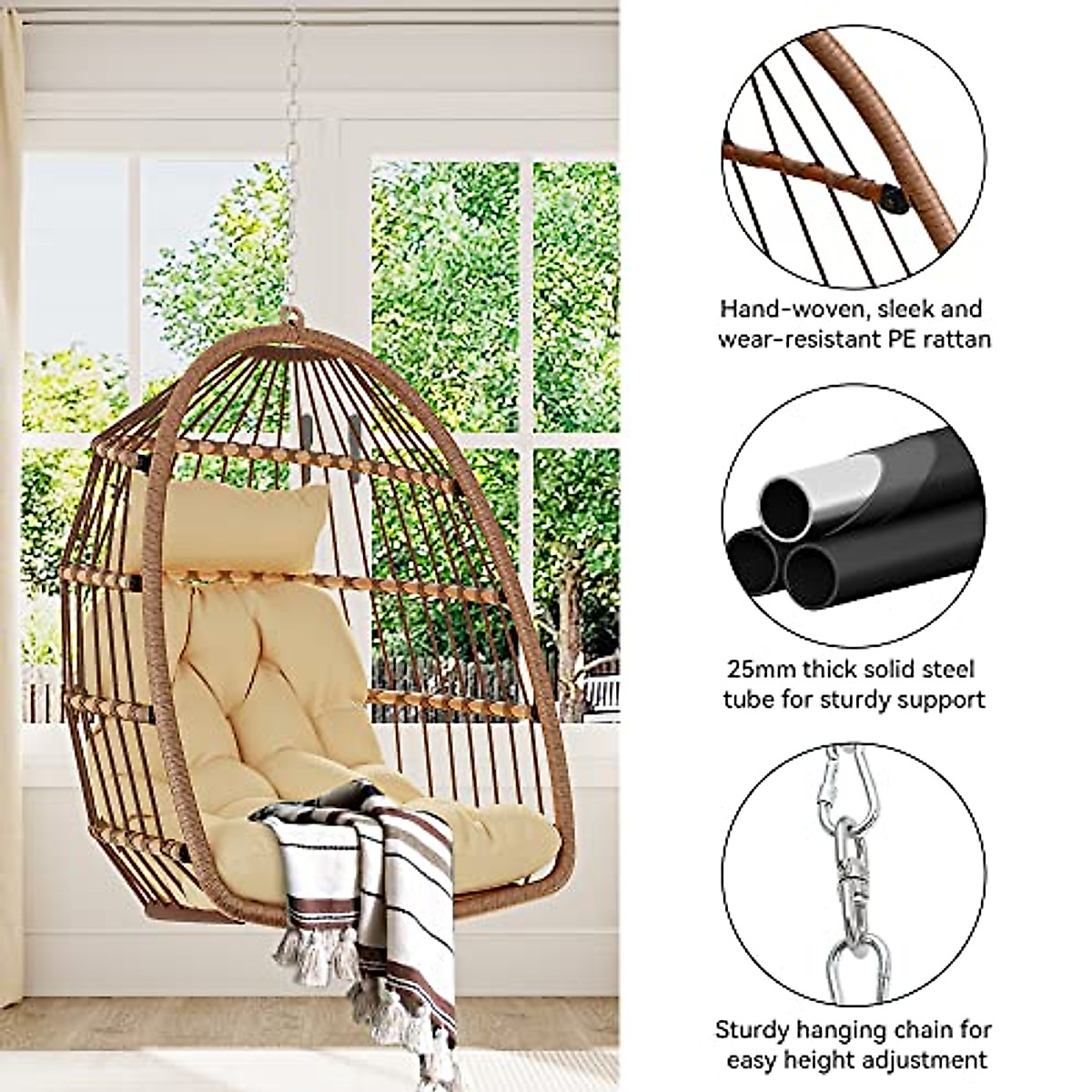 YITAHOME Hanging Egg Chair Swing Chair Outdoor Patio Wicker Chair Swing Hammock Egg Chairs with Cushion 330lbs for Patio, Bedroom, Garden and Balcony, Beige(Stand not Included)