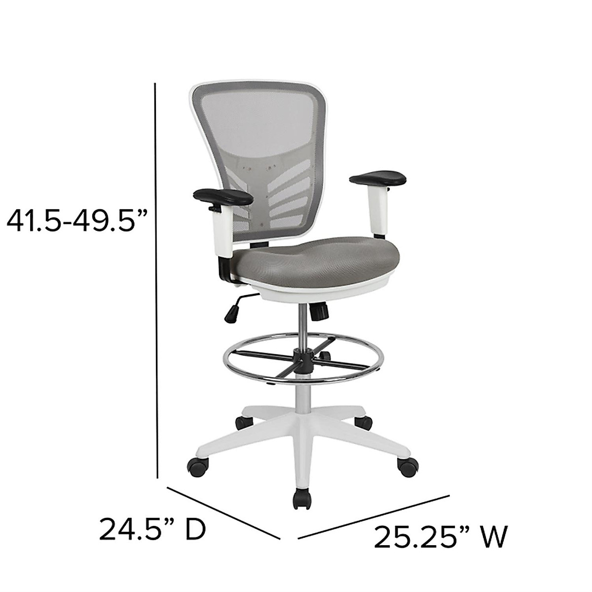 Flash Furniture Tyler Mid-Back Light Gray Mesh Ergonomic Drafting Chair with Adjustable Chrome Foot Ring, Adjustable Arms and White Frame