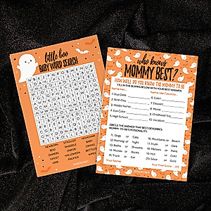 Orange Little Boo is Almost Due Halloween Baby Shower Party Games - Who Knows Mommy Best and Word Search (2 Activity Game Bundle) - Set of 20 Player Cards