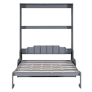 Merax Queen Size Murphy Bed, Wooden Queen Murphy Bed Wall Bed with Cushion, for Home Office or Small Room, Gray