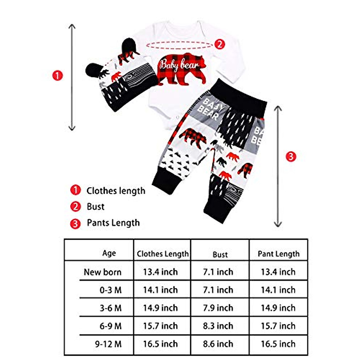 HKALL Newborn Infant Baby Boy Girls Clothes Fall Outfits Baby Bear Romper Long Pants Hat 3PCS Christmas Bodysuit Set