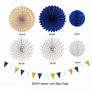 Navy-Blue White Gold Party-Decorations - 20pcs Graduation 2024 Paper Lanterns Fans,Tissue Pom Poms,Honeycomb Ball,Birthday Bridal Celebration Bachelorette Baby Shower Wedding Homecoming Decor Burgleda