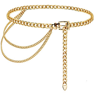 Glamorstar Multilayer Chain Belts for Women Girls Metal Waist Chain for Dress Gold 110CM