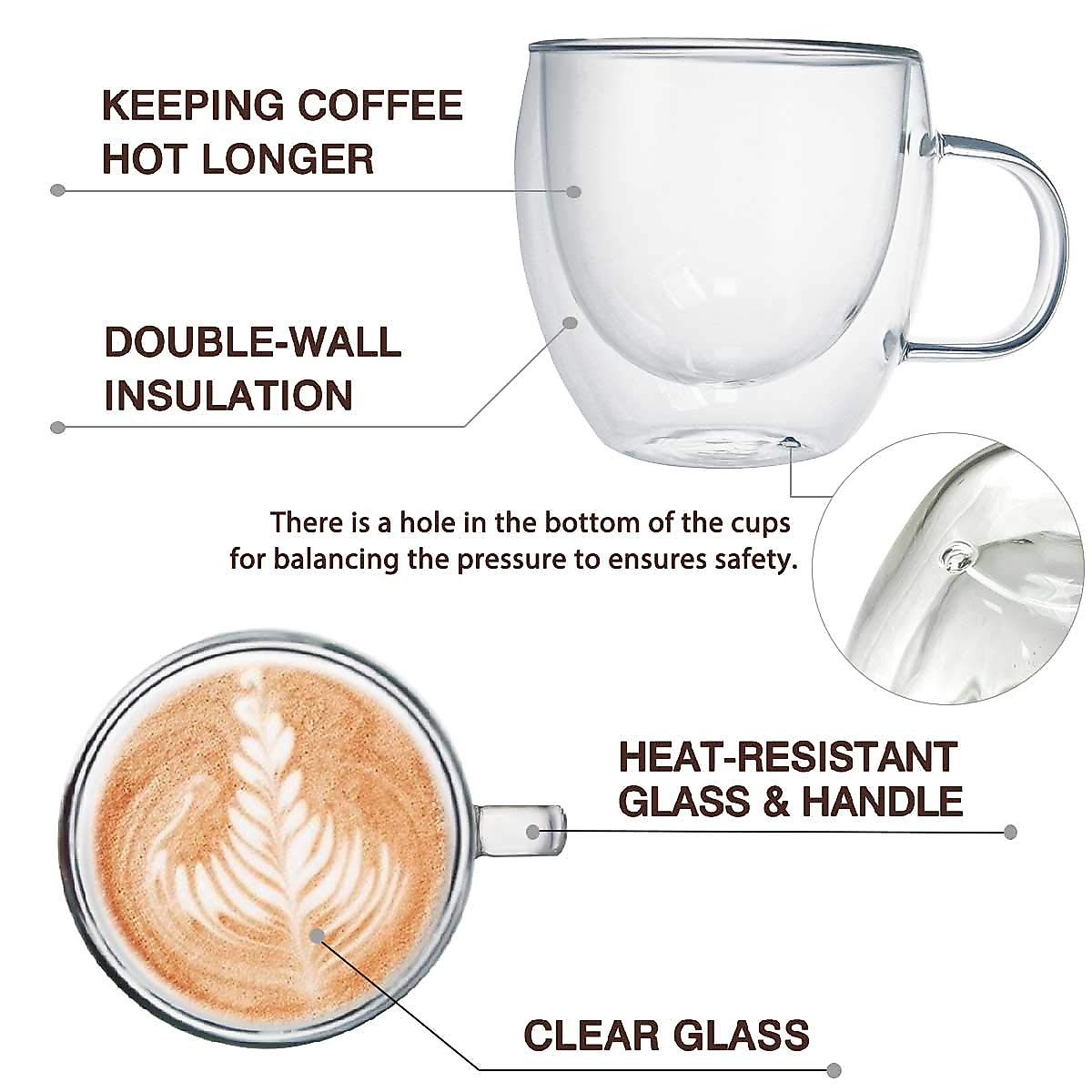 Kitchenexus Glass Espresso cups, Set of 2 6oz Double Wall Thermo Insulated Glass Espresso Shot Cups Set with Handle, Espresso Mug, Coffee Cups for Espresso and Cappuccino, Great Gift for Coffee Lover