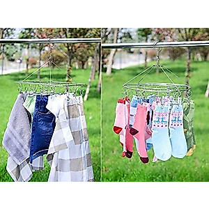 Stainless Steel Sock Drying Rack with 36 Clips, Swivel Hook Wind-Proof Clothes Hanger Rack for Sock, Bras, Underwear, Laundry Accessories