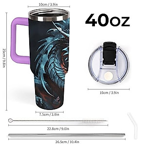 LLUTSNTH 40 Oz Vacuum Tumbler with Violet Handle Leakproof Insulated Tumbler Dragon Stainless Steel Travel Mug with Lid And Straw Coffee Cup Cute Water Bottles Cup Holder Friendly