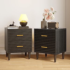 Alohappy Nightstands Set of 2, Bedside Table for Bedroom, End Table with 2 Drawers, Mid Century Modern Bed Side Table with Storage Vintage Wood Accent Table for Living Room, Black 2pcs
