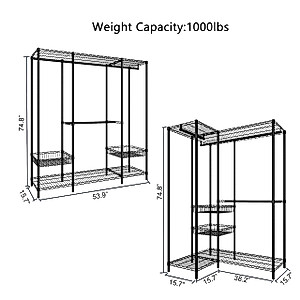 Xiofio Heavy Duty Clothes Rack,Multi-Functional Clothing Rack Freestanding Bedroom Garment Rack for Hanging Clothes,Adjustable Shelf and Fixed Baskets,55" L x 15.7" W x 75" H Max Load 800LBS,Black