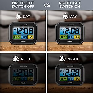 Sharp Atomic Digital Alarm Clock, Battery Operated Self-Setting Digital Wall or Desk Clock, Easy to Read Color Display Nightlight with Indoor Temperature and Calendar