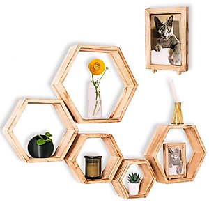 LIBAEL Hexagon Floating Shelves with Photo Frame Natural Premium Wood Set of 5 - Hexagon Shelves for wall, Farmhouse Honeycomb Shelves for Living Room Decor, Kitchen, Bathroom, Bedroom, Hexagon Shelf.