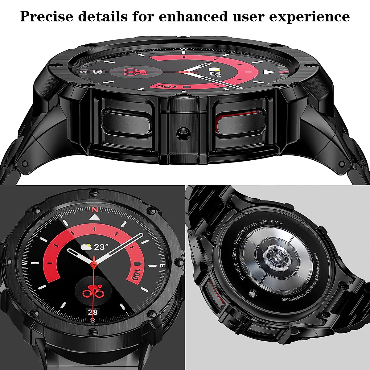 SUPLINK Stainless Steel Case and Band Compatible with Samsung Galaxy Watch 6/5/4 44mm, Rugged Galaxy Watch Case Strap for Men, Black