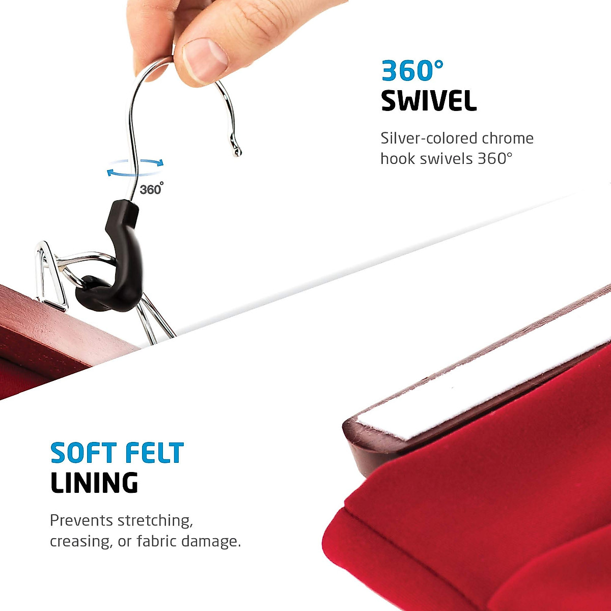 ZOBER High-Grade Wooden Pants Hangers with Clips, 10 Pack, Non-Slip, Space Saver, Rotatable 360 Hook, Smooth Cherry Wood Finish