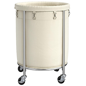 ELYKEN Laundry Basket with Wheels, 170L Rolling Laundry Hamper with Removable Bag and Steel Frame, Round Laundry Cart with 4 Casters and 2 Brakes, Ideal for Bedroom, Bathroom, Laundry Room, Cream