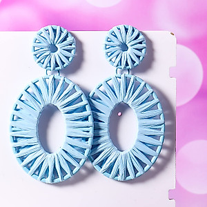 Statement Raffia Earrings Boho Drop Dangle Earrings for Women Handmade Fashion Earring Bohemian Gift Jewelry(Light Blue)