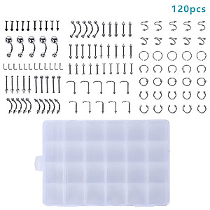 120 Pcs Piercing Jewelry With 24 Grid Storage Box Earring Hoops Lip Nose Rings Navel Rings Barbells Stainless Steel Jewelry Mixed Set 120 Pcs