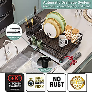 THEYFIRST Dish Drying Rack,Dish Racks for Kitchen Counter, Black Dish Dryer Rack with Drainage, Large Capacity Dish Drainer with Utensil Holder and Extra Dish Drying Mat (Black-A)