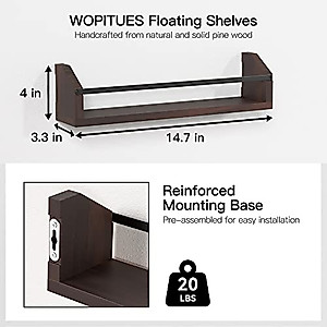 WOPITUES Floating Shelves with Protective Metal Rail, Small Bathroom Shelves Set of 4, Spice Rack Wall Mount, Wood Shelves for Kitchen, Living Room, Bedroom, Nursery Book- Dark Brown