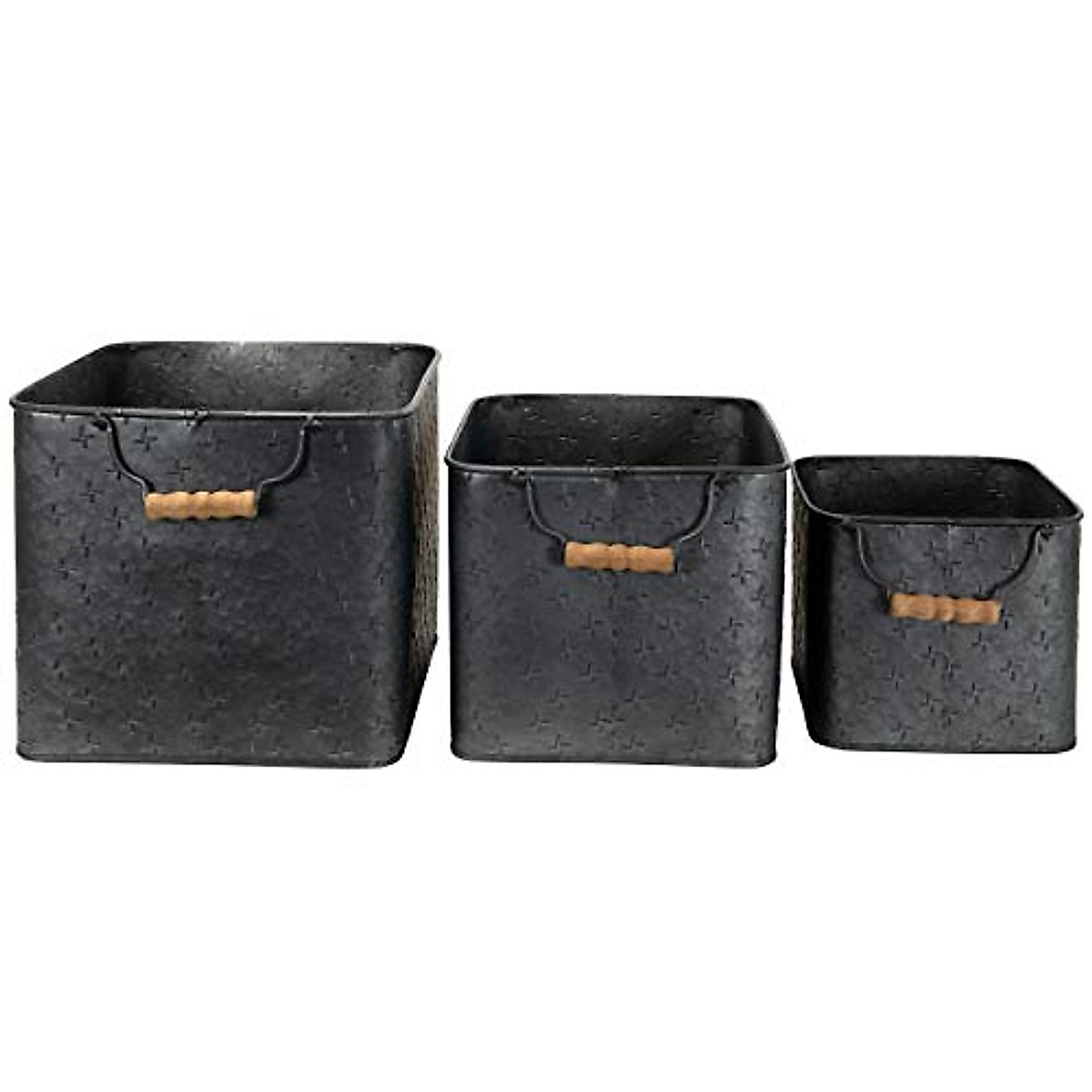 Foreside Home & Garden Black Set of 3 Galvanized Decorative Storage Nesting Bins with Wood Handles