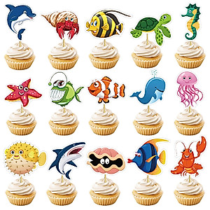 Plorbach 48 Pcs Ocean Animal Cupcake Toppers Under The Sea Creature Cake Decorations Marine Sea Fish Cake Topper Picks For Ocean Sea Theme Birthday Party Supplies Baby Shower Decorations