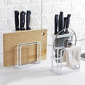 GeLive Metal Knife Block Cutting Board Chopper Holder Drying Rack Kitchen Storage Organizer Counter Display Stand (White)