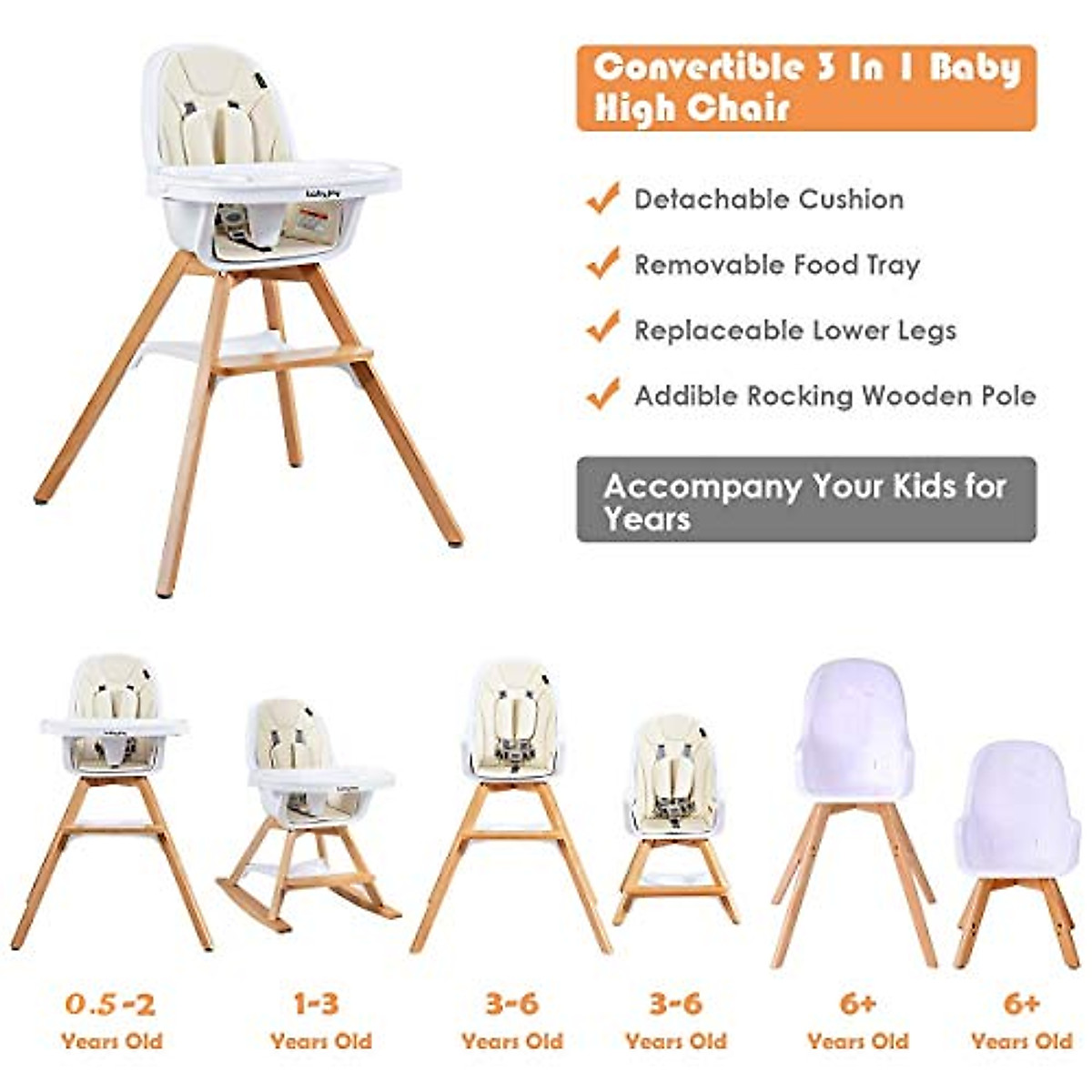 BABY JOY 3 in 1 High Chair, Baby Eat & Grow Convertible Wooden High Chair/Rocking Chair/Booster Seat/Toddler Chair, Infant Dining Chairs w/ Double Removable Tray, 5-Point Seat Belt & PU Cushion, Beige