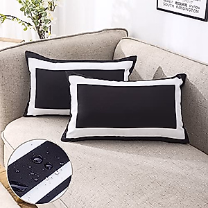 JOJOGOGO Black Outdoor Lumbar Pillow Covers 12x20 Waterproof Set of 2 Black and White Rectangle Outdoor Lumbar Pillows for Porch Swing Garden Bench and Patio Furniture