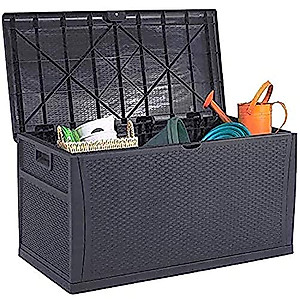 Oakmont 120 Gallon Patio Deck Box, Outdoor Large Resin Wicker Storage Container Garden Furniture for Outdoor Cushions, Throw Pillows, Dark Grey
