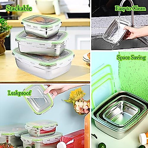 Nuanchu 6 Packs Stainless Steel Food Storage Containers Airtight Metal Food Containers Meal Prep Container Leak Proof Stackable Bento Lunch Box with Lids for Kitchen Travel Picnic and Camping (Green)