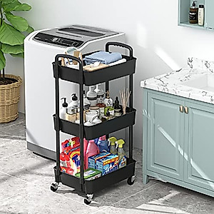 Sywhitta 3-Tier Plastic Rolling Utility Cart with Handle, Multi-Functional Storage Trolley for Office, Living Room, Kitchen, Movable Storage Organizer with Wheels, Black
