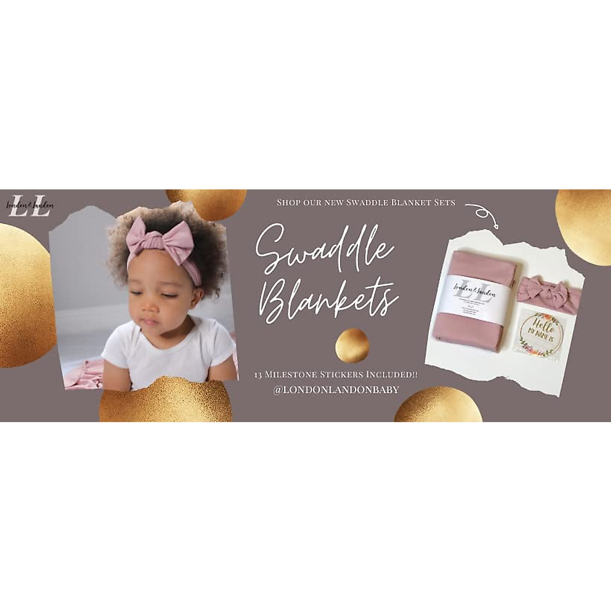 Baby Swaddle Blanket Set with Headband, Nursery Swaddling Receiving Wrap for Girls,13 Welcome Home Milestone Stickers Bundle with Bow, Newborn Photo Growth Mat, Infant Wrap 48"x48" Dusty Rose (Mauve)