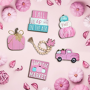 Guoofu Pink Fall Tiered Tray Decor, Farmhouse Pumpkin Tray Decorations, Cute Pumpkin Trucks Maple Leaf Wooden Signs Beads Garland, Autumn Thanksgiving Harvest Home Decor for Tabletop Shelf Mantel