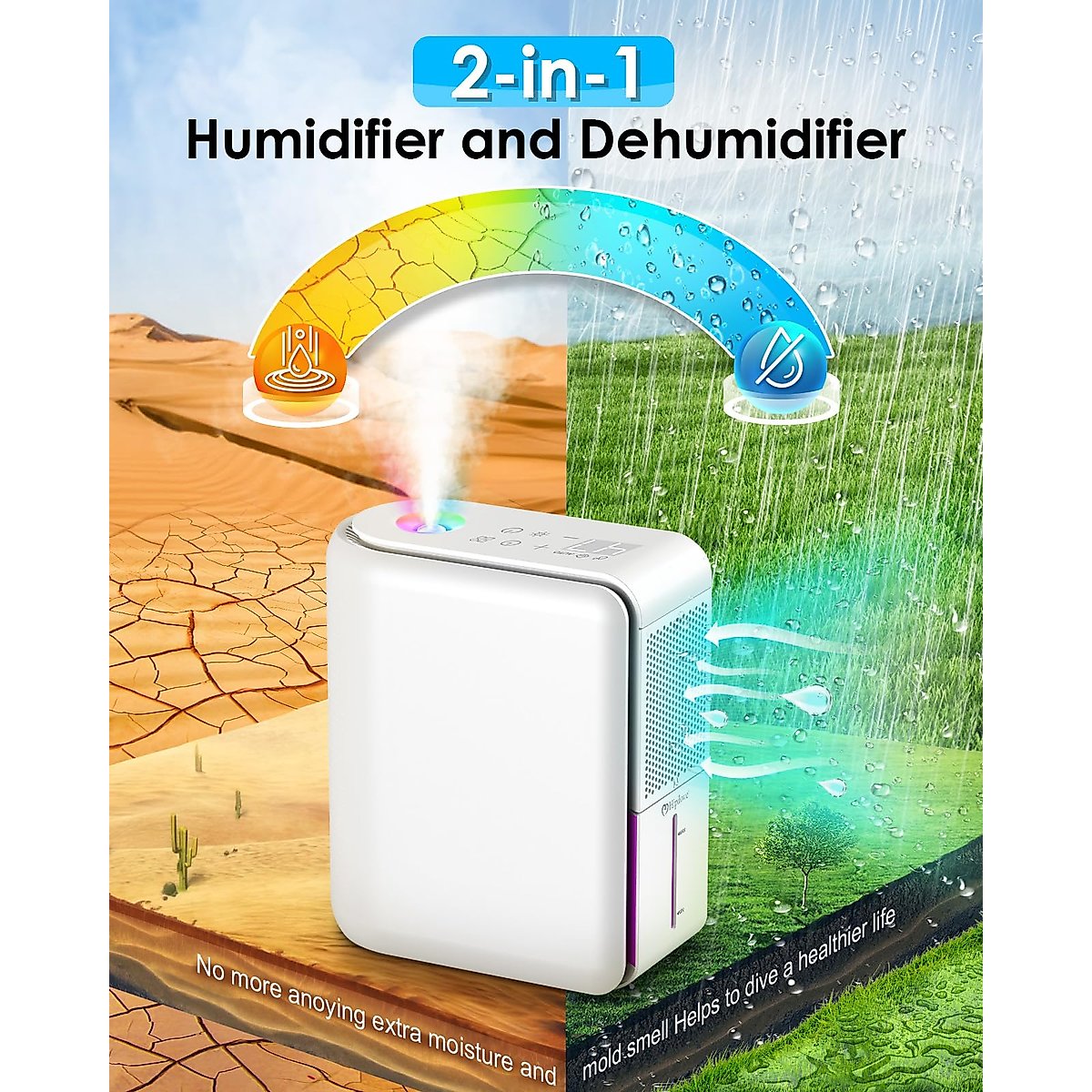 Dehumidifier and Humidifier Combo 2 in 1(350 Sq. Ft)for Bedroom with 7 Color Light, Quiet and Smart 35OZ Ultrasonic Cool Mist, 360°Nozzle Dehumidifier and Humidifiers Combo for Home|Bathroom|Basement