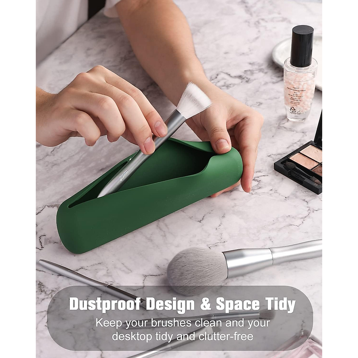 FERYES Makeup Brush Holder, Magnetic Anti-fall Out Silicon Portable Cosmetic Face Brushes Holder, Soft and Sleek Makeup Tools Organizer for Travel- Green