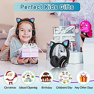 KERHAND Bluetooth Headphones for Kids, Cute Ear Cat Ear LED Light Up Foldable Headphones Stereo Over Ear with Microphone/TF Card Wireless Headphone for iPhone/iPad/Smartphone/Laptop/PC/TV (Black)