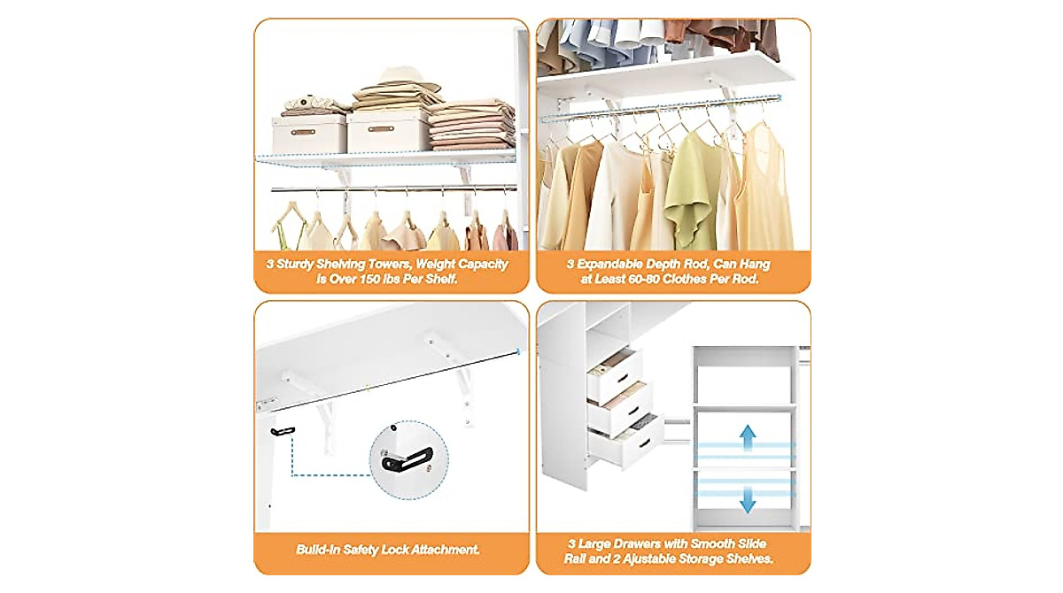 Armocity 96 Inches Closet System, 8FT Walk In Closet Organizer with 3 ...