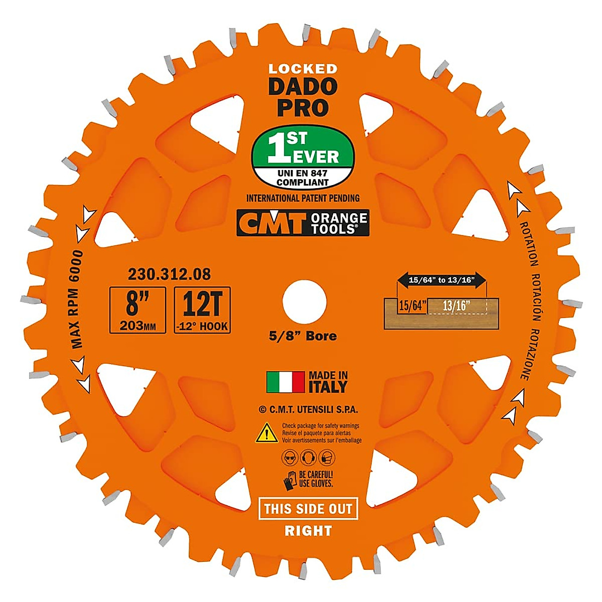 CMT ORANGE TOOLS 230.312.08 DADO Set Saw Blade HW D=8” B=5/8” Z12 FTG+ATB Orange PTFE