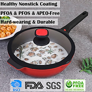 DIIG Nonstick Deep Frying Pan Skillet with Lid, 12 inch/ 5.5 QT Saute Pan with Silicone Lid, Sauce Pan Cookware Cooking Chef Pan, Cast Aluminum Induction Compatible, Ruby Red