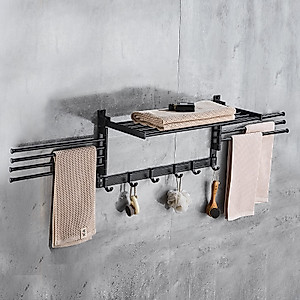 Towel Rack with 7 Towel Bar Holder Foldable Towel Shelf with Movable Hooks Wall Mounted Lavatory Towel Organizer Space Saving Towel Holder Black