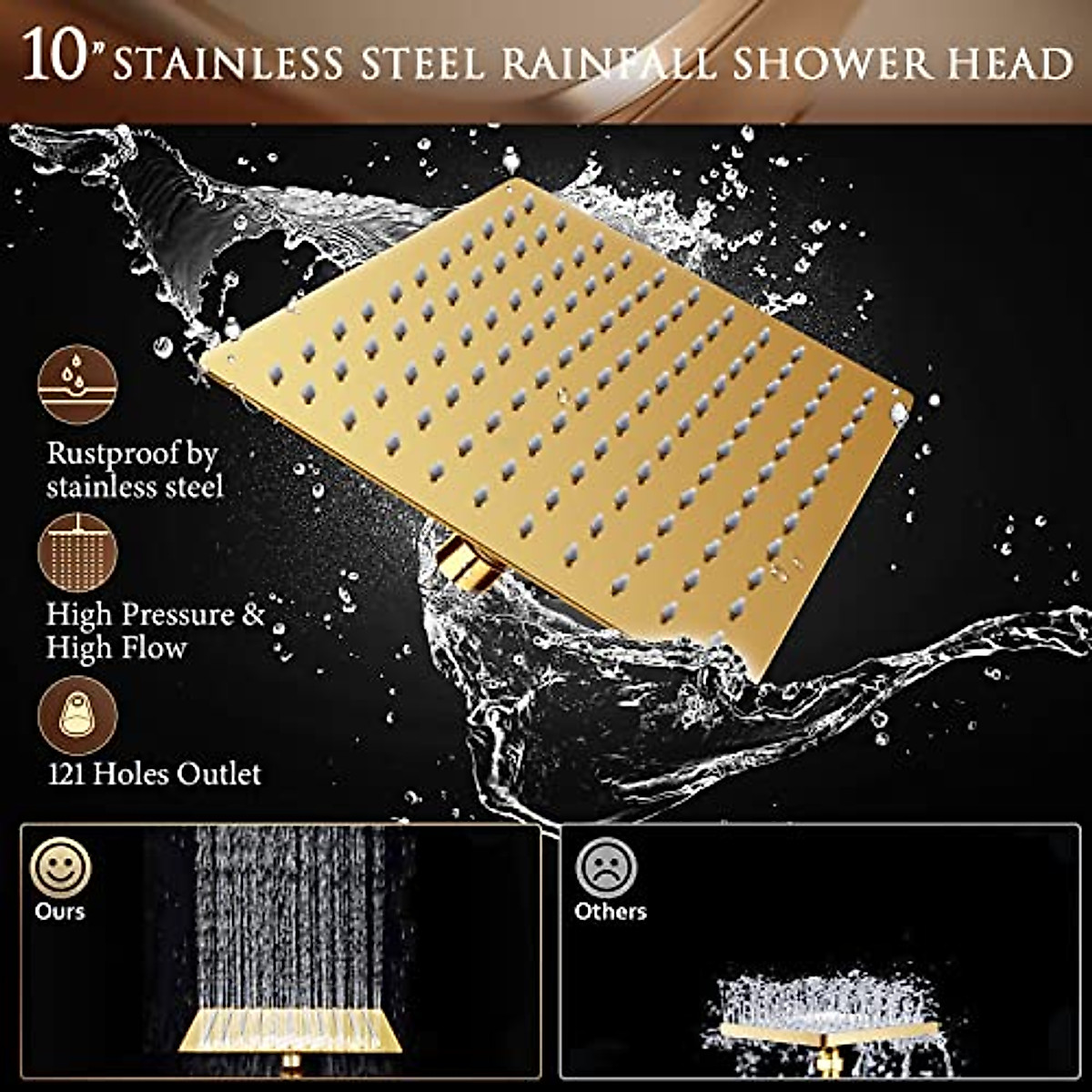 High Pressure Rainfall Shower Head/Handheld Shower Combo with 11" Adjustable Extension Arm, 5 Spray Settings Shower Heads with 60" Hose Anti-leak (Gold), 10"
