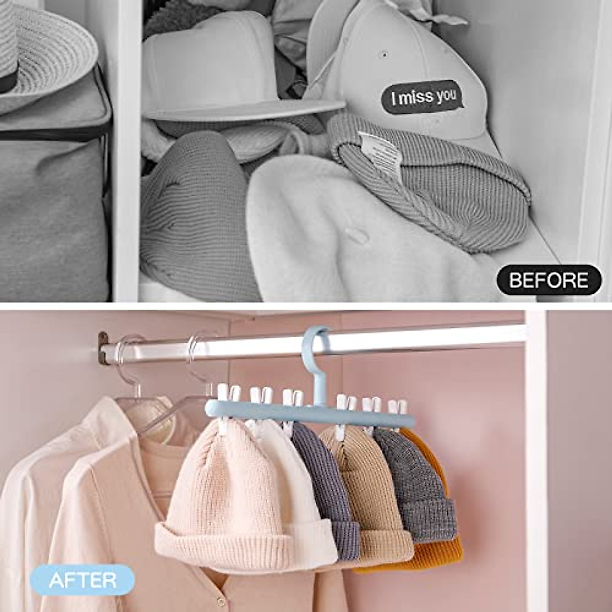 Yesesion Hat Organizer Set, 2 Pack Hanging Hat Rack for Baseball Caps, Blue Hat Hanger Holder for Closet with 6 Clips, Hat Organizer Hanger Storage Holder for Home, Entryway, Bedroom (Blue/White)
