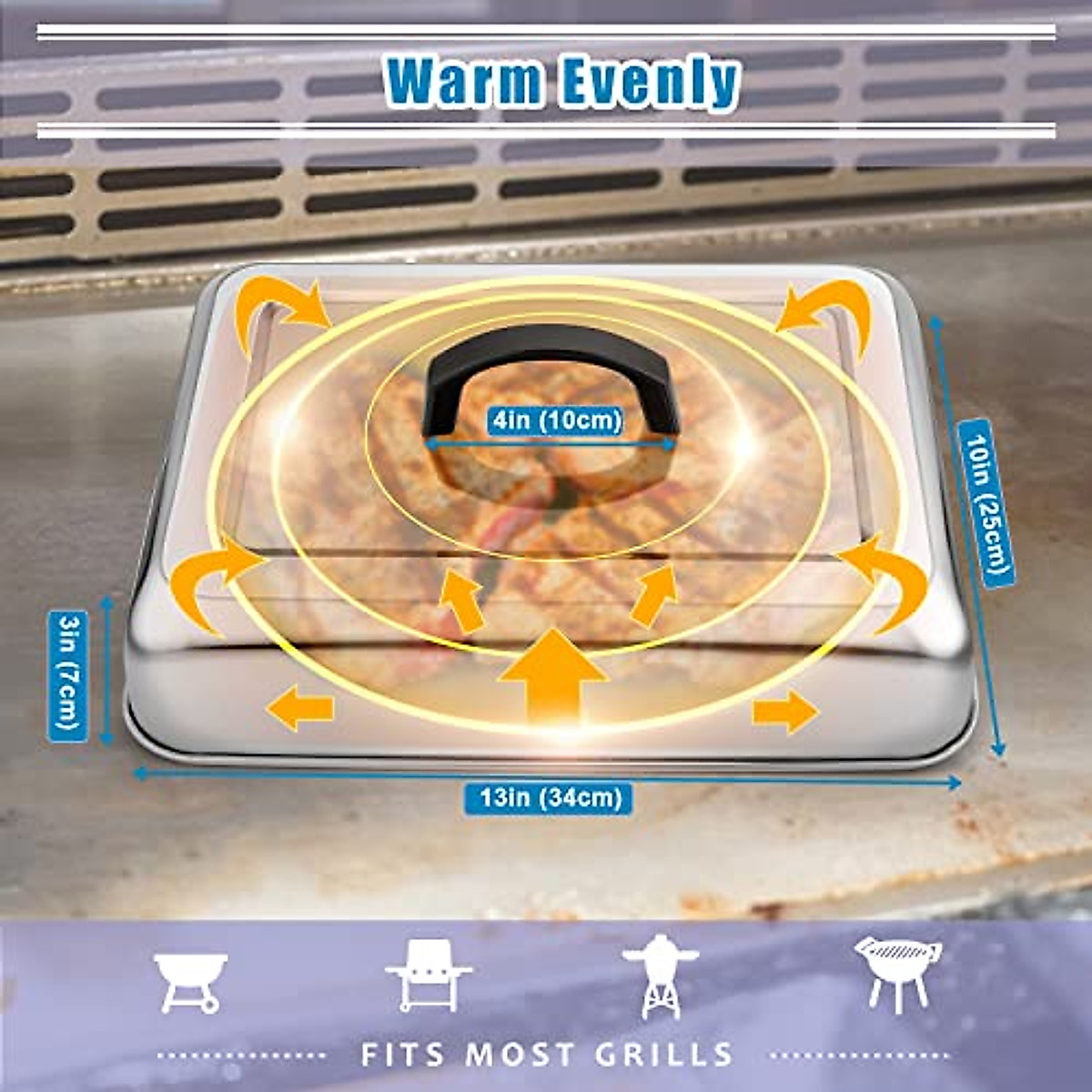 Rectangular Basting Cover, HaSteeL Stainless Steel Cheese Melting Dome Steaming Cover Lid, Heavy Duty Griddle Grill Accessories for Flat Top Teppanyaki BBQ Kitchen Indoor & Outdoor, Dishwasher Safe