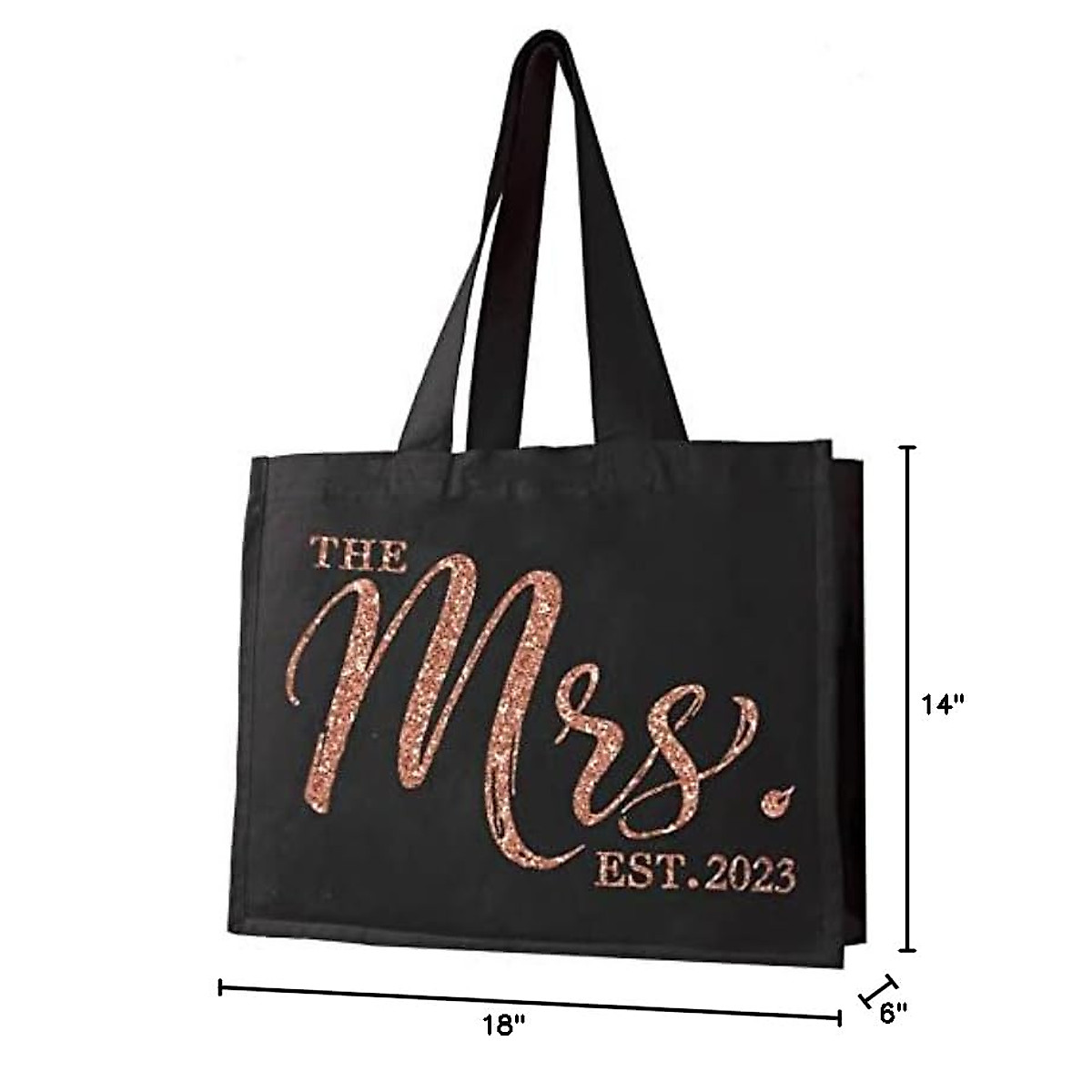 RhinestoneSash Rose Gold Bride Tote - The Mrs. Est. 2025 Rose Gold Glitter CHIC Cotton Canvas Tote Bag - Bridal Shower Gift - Black Tote(Chic 2025 RsG) Blk