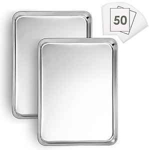 E-far Baking Cookie Sheet Set of 2, 16”x12” Stainless Steel Baking Sheet Pan with 50 Parchment Paper, Rectangle Baking Tray for Cooking Roasting, Rust Free & Heavy Duty, Oven & Dishwasher Safe